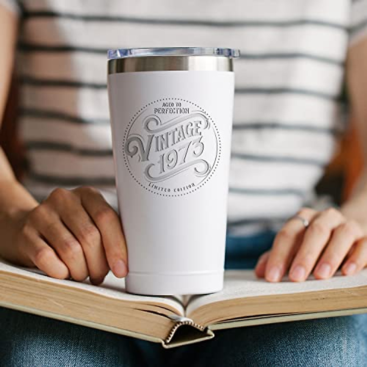 Sodilly Coffee Tumbler - Vintage 1973 Design - Ideal for 50th Birthday Celebrations - 50th Birthday Cups for Women - Vintage Tumbler - 50 Fabulous - Insulated Stainless Steel Tumbler - 16 oz White