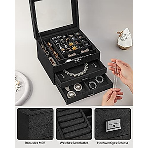 SONGMICS Jewelry Box, Lockable Jewelry Storage Organizer, Jewelry Case with Glass Window, for Rings, Earrings, Studs, Bracelets, Necklaces, Black UJBC158B01