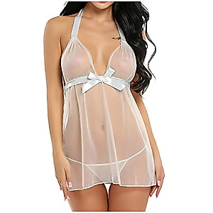 Tuianres Women Plus Size Lingerie Front Bow Closure Babydoll Temptation Exotic Slutty V Neck Mesh Sleepwear for Sex Naughty