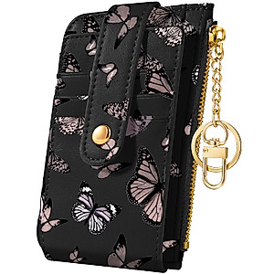 Bistup Credit Card Holder Wallet for Women - Cute Small for Ladies Teen Girls Female Rfid Butterfly Black Leather Cardholder Wallets Organizer Purse Girly Aesthetic Print Unique Zipper
