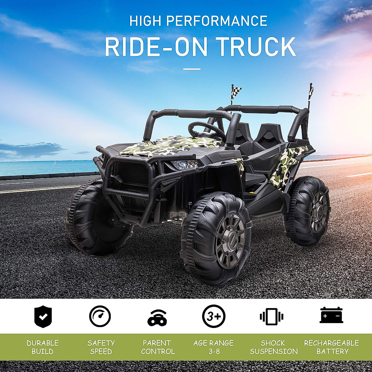 Aosom 12V Kids Ride On Car Electric Off-Road UTV Truck Toy with Parental Remote Control, Suspensions, USB, Bluetooth, 3 Speeds & 4 Motors, Camo Green