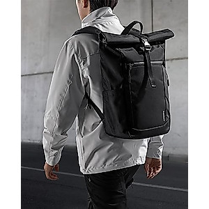 tomtoc Roll Top Laptop Backpack, Lightweight, Water-Resistant Commute Expandable Casual Daypack for 13-16 inch MacBook, Rucksack for Work College Trip, Large Capacity Adjustable 17-23L, Black