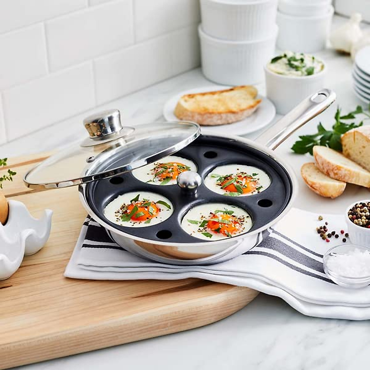 Sur La Table 14" Egg Poacher Nonstock Stainless Steel Pan with Lid, 4 Egg Cup Insert