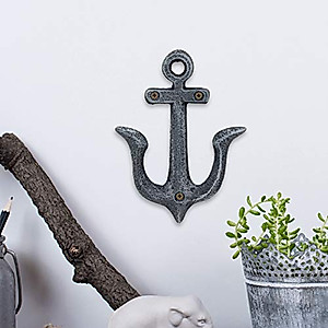 Stonebriar Antique Pewter Silver Cast Iron Anchor Double Wall Hook, Rustic Nautical Design, 5.5"