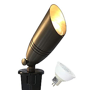 GKOLED UL Listed Solid Brass Landscape Spotlight, Low Voltage Outdoor Directional Uplight, with 5W MR16 LED Bulb & Large Rugged Slot Spike, 12V AC/DC Garden Patio Spot Up Light