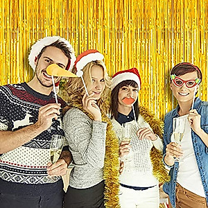 BRAVESHINE 3.2 ft x 8.2 ft Tinsel Foil Fringe Curtains Metallic Photo Booth Backdrops Party Supplies for Birthday Wedding Christmas Bridal Bachelorette Holiday Decorations - 2 Navy Blue + 2 Pure Gold