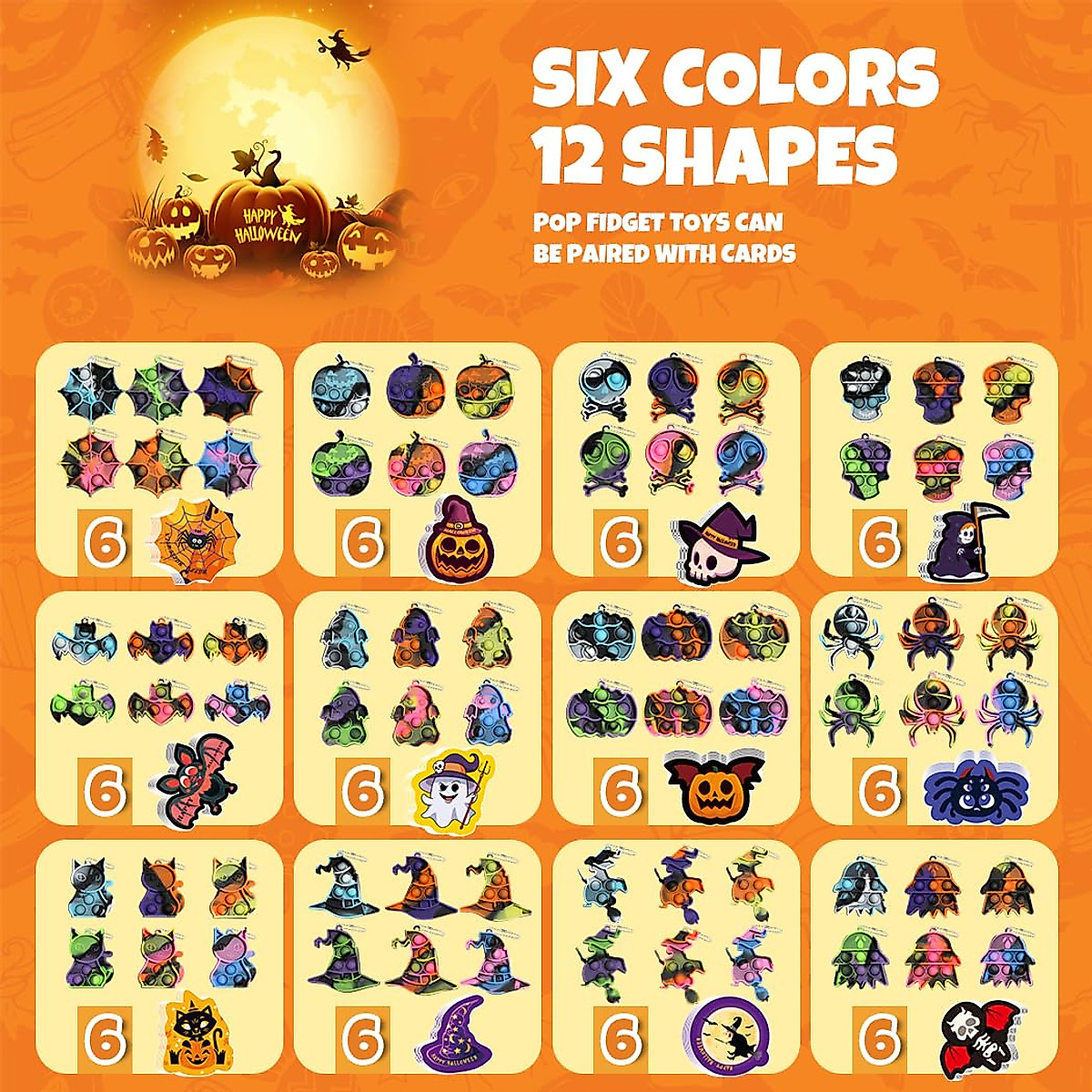 Oroalbb 72 Pcs Halloween Mini Pop Fidget Keychain Bulk, Halloween Party Favors for Kids, Halloween Toys Bulk with 72 DIY Cards, Halloween Prizes , Halloween Classroom Favors, Trick or Treat Toys