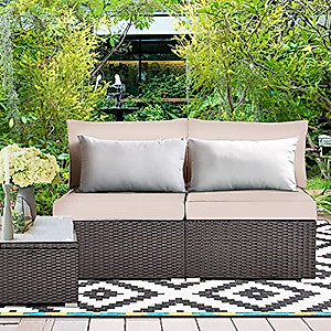 Tangkula 2 PCS Outdoor Wicker Armless Sofa, Patio Rattan Sectional Sofa Set w/2 Thick Seat Cushions and 2 Back Cushions, Additional Seats for Balcony Garden Patio Poolside (Brown)