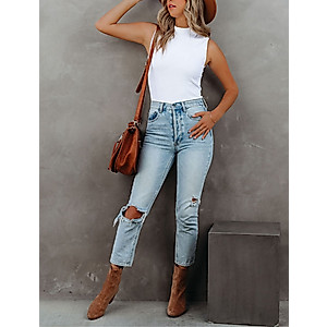 Areecin Women's Mock Neck Tank Tops Summer Sleeveless Pullover Tops Slim Fit Ribbed Shirts Casual Basic Blouses White L