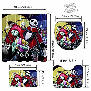 LAYINUSG 4Pcs Nightmare Before Christmas Shower Curtain Set with Non-Slip Rugs, Toilet Lid Cover and Bath Mat, Halloween Xmas Winter Holiday Bathroom Decor Sets with 12 Hooks 72 x 72 Inches
