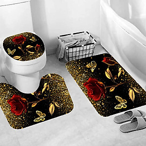 RinRinfam 4Pcs Gold Rose Shower Curtain Set, Gold Star Sparks Butterfly Curtain with Non-Slip Rug,Toilet Lid Cover,U Shape Mat,Curtain with 12 Hooks Bathroom Decor Sets,Black 72"×72"