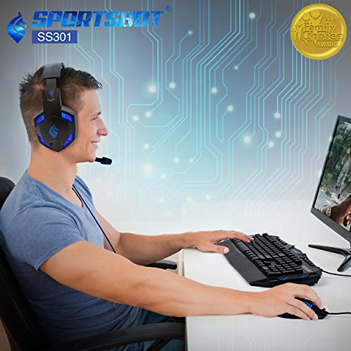 SportsBot SS301 Blue LED Gaming Over-Ear Headset Headphone, Keyboard & Mouse Combo Set w/ 40mm ...