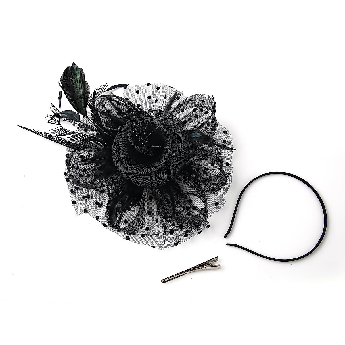 Fascinators Hat Kentucky Derby Tea Party Headwear for Women Girls Flower Mesh Ribbons Feathers Headband (US, Alpha, One Size, One Size, Black)