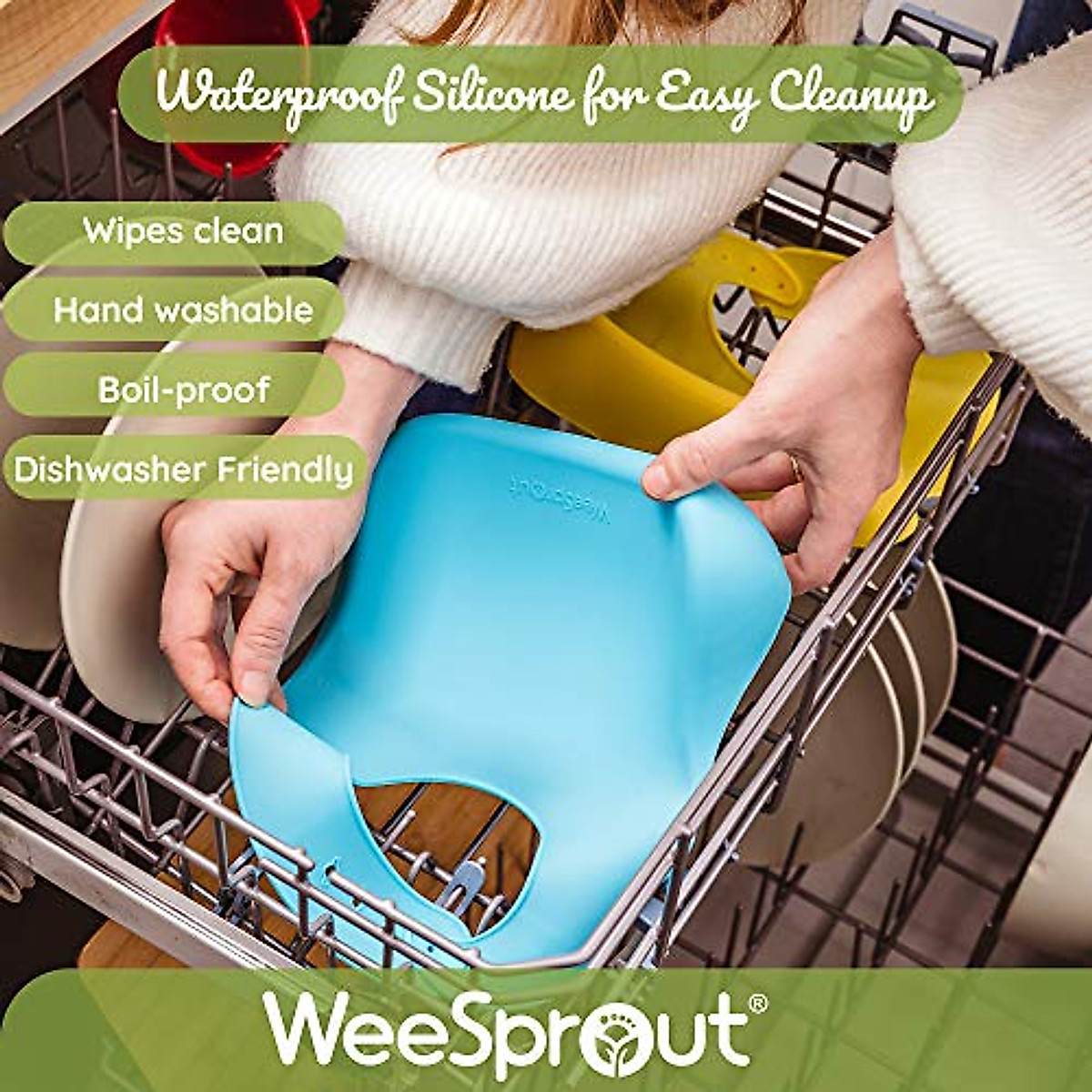 WeeSprout Silicone Baby Bibs - Set of 2 Silicone Bibs for Babies & Toddlers, Easy to Clean, Soft & Comfortable Silicone Bib, Wide Pocket Food Catcher, Adjustable Baby Bib