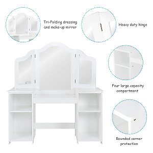 GOFLAME Kids Vanity Table, 2 in 1 Detachable Design with Dressing Table and Writing Desk, Princess Makeup Dressing Table with 4 Large Storage Shelves and 3-Panel Mirror for Kids and Girls (White)