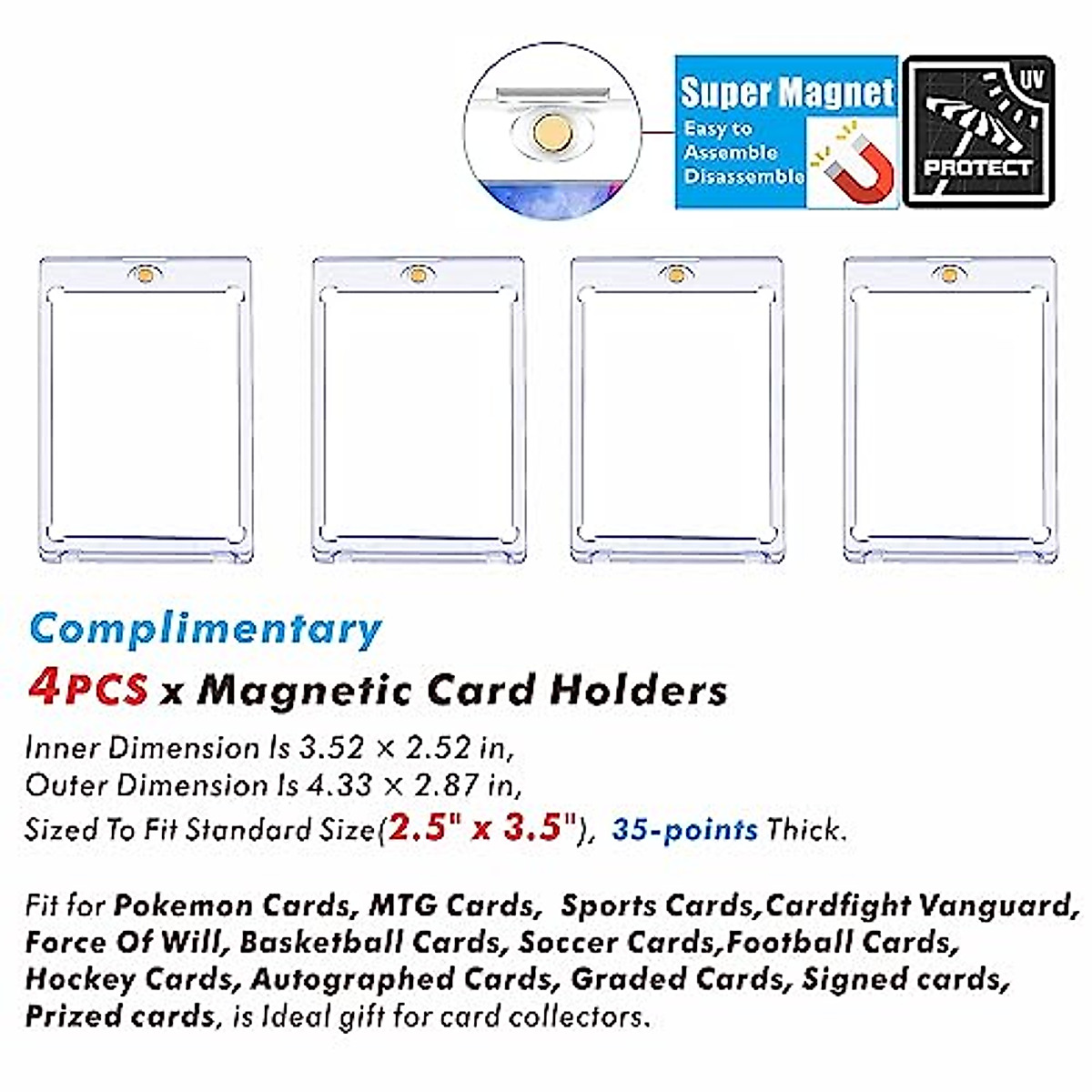 ZzHobbiEs 4 Grids Trading Cards Display Frame, Solid Wood Frame with 4 Pieces Magnetic Card Holder Wall Mount Or Table Stand Display for Football Basketball Collector Cards(Standard Cards, 4Grids)