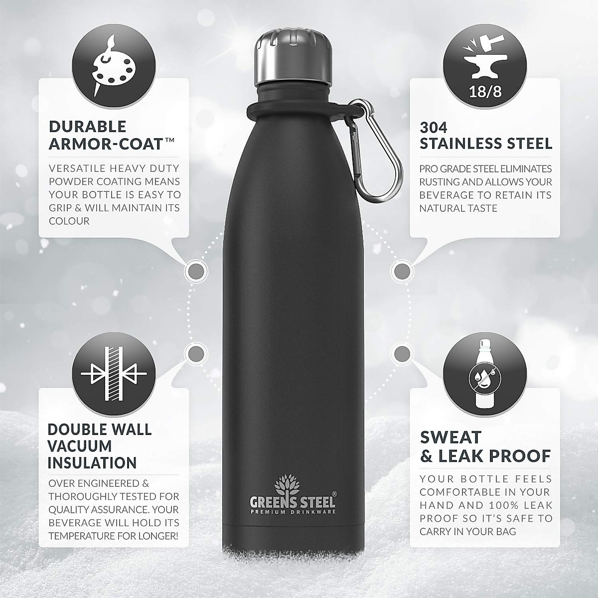 Stainless Steel Water Bottle – 25 oz Vacuum Insulated Double Wall with Screw Lid/Leak Proof Thermal Travel Sports Flask Coffee Canteen - 25 oz, Black