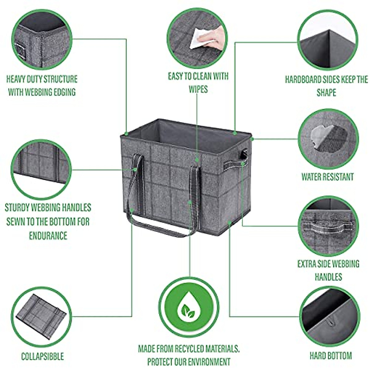 VENO 2 Pack Extra Large Reusable Grocery Bag, Premium Quality, Shopping Cart Bag, Storage Box, Heavy Duty, Hard Bottom, Collapsible, Utility Tote, Trunk Organizer (Black/Windowpane, XL set of 2)