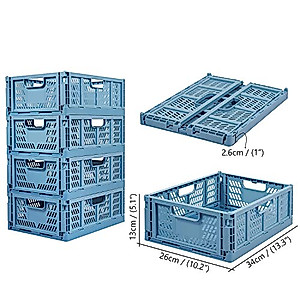 4 Pack Plastic Folding Storage Shelf Baskets, Stackable Collapsible Storage Crates, Storage Bin Container with Handle for Home Kitchen Bedroom Bathroom Office