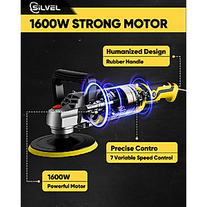 SILVEL Buffer Polisher, 1600W 7 Inch/6 Inch Polisher for Car Detailing, Wax Machine, 7 Variable Speed, with 6 Foam Pads, 3 Wool Pads, Packaging Bag, for Boat Polishing and Waxing