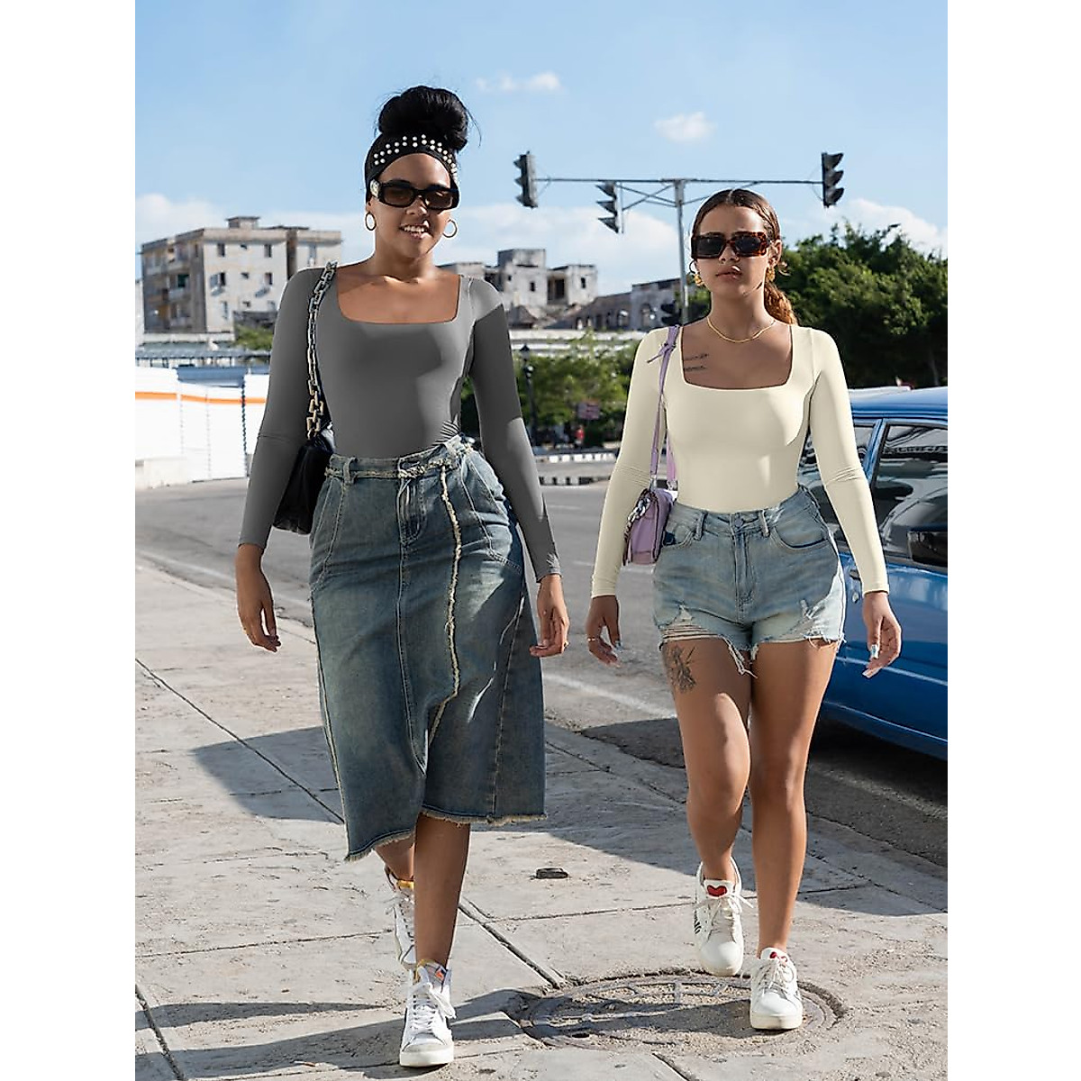 HYZ Women's Workout Square Neck Long Sleeve Y2k Slim Fit High Stretchy Basic Tunic Tops Black Beige