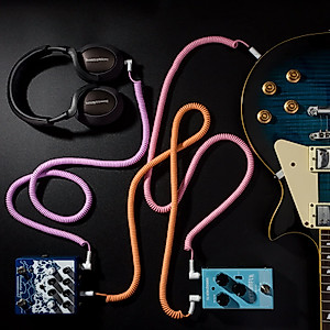 MyVolts Candycord Guitar Special Audio Cable, Straight Large Mono Jack to Angled Large Mono Jack, Curly 100cm to 200cm, Marshmallow Pink Colour