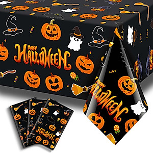 3 Pack Halloween Tablecloth Rectangle 54" x 108" Plastic Table Cloth Disposable Black Camping Table Cover Decorations Cute Pumpkin Ghost Scary Spooky Indoor Outdoor Waterproof Birthday Party Supplies