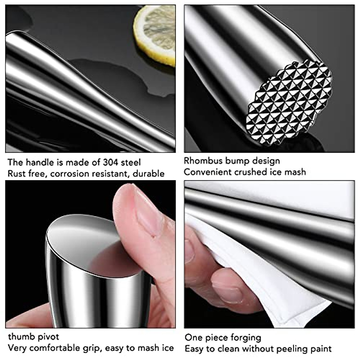 Muddler for Cocktails, Professional Stainless Steel Cocktail Muddler Food Grade One Piece Forging Drink Muddler for Kitchen Bar, Mixing Spoon Home Bar Tool(Long Handle)