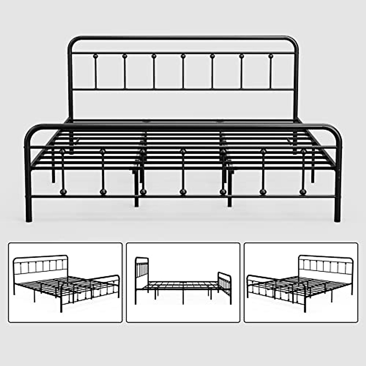 IKIFLY King Size Metal Platform Bed Frame with Headboard & Footboard - Strong Steel Slat Support - Mattress Foundation - Victorian Vintage Style - No Box Spring Needed - Black/King