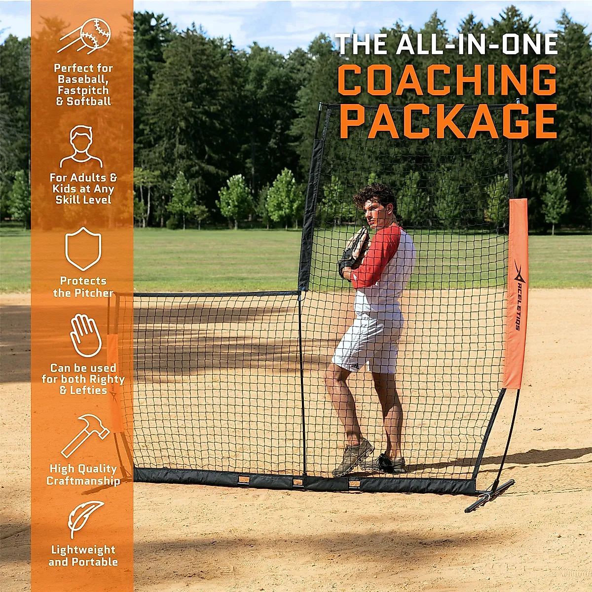 Aceletiqs Flexible L Screen Baseball Pitching Net 7x7ft Pitching Screen Protector with Metal Base, Fiberglass Poles, and Polyester Netting [Carry Bag Included]