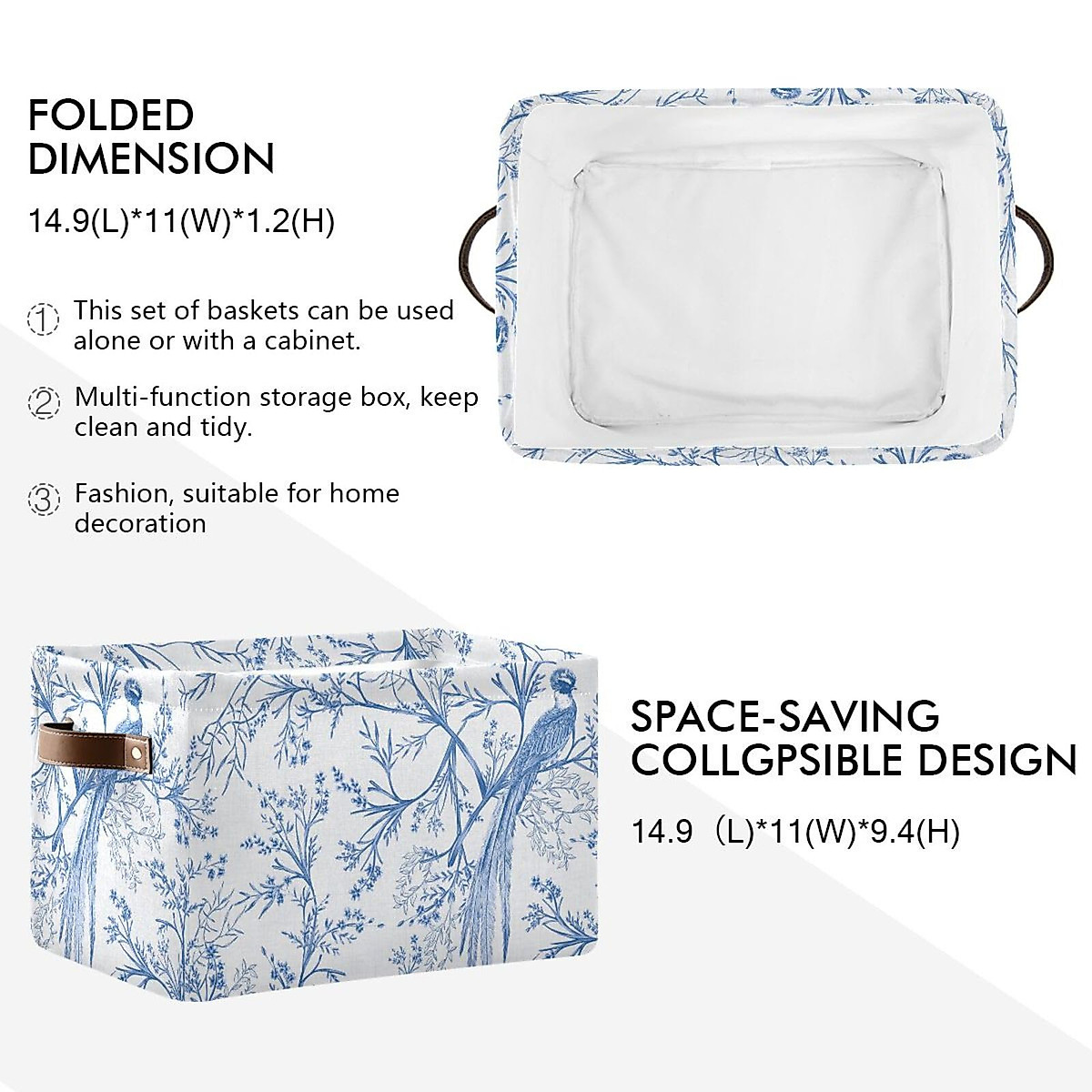 susiyo Foldable Storage Bin Oriental Garden Bird Fabric Storage Baskets Collapsible Shelf Baskets Organizing Basket Bin with PU Handles for Shelves Home Closet Bedroom Living Room-1Pack