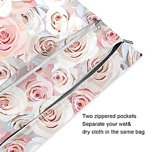Kigai 2pcs Travel Wet and Dry Bag, Fashion Waterproof Wet Bags for Diapers, Swimwear, ect. Beach/Travel, Pink White Roses