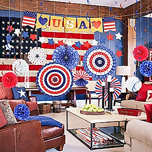 26 Pieces 4th/Fourth of July Decorations Set - Red White Blue American Flag Hanging Honeycomb Paper Fans, Pom Poms, Swirls, USA Banner, Star Garland Patriotic Independence Day Outdoor Party Supplies