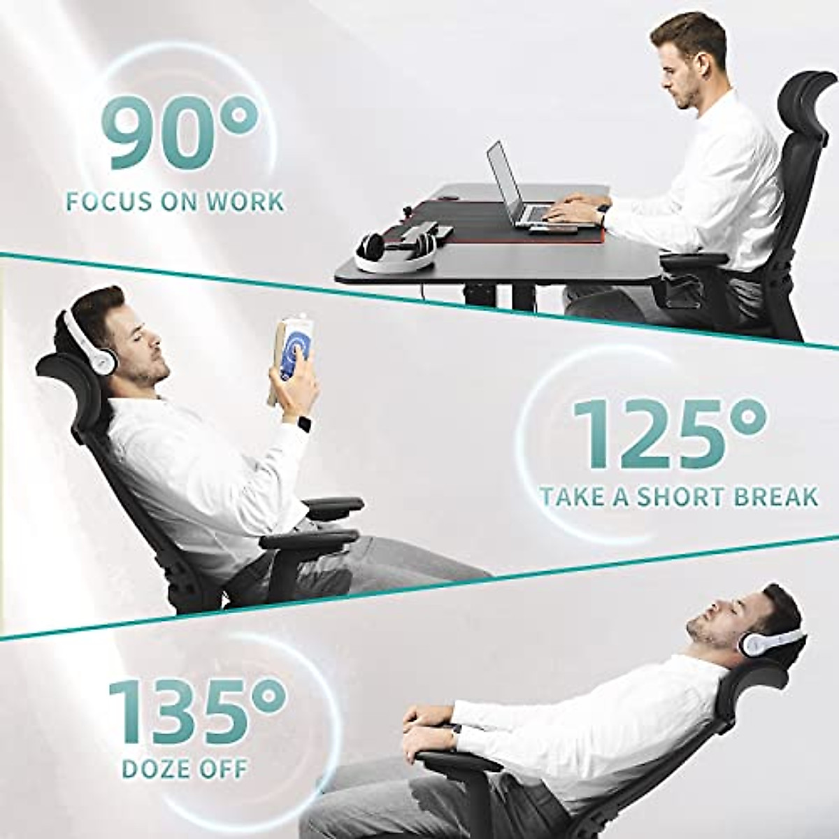 FANMEN Home Office Desk Chair, Ergonomic Mesh Executive Office Chair with 3 Position Tilt Function, Comfortable High Back Black Computer Chair with 3D Adjustable Armrest & Lumbar Support