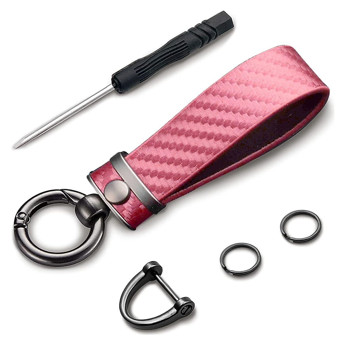 Kewucn Carbon Fiber Style Car Key Chain, Premium Leather Auto Key Fob with 360 Degree Rotatable and Anti-Lost D-Ring (Pink)