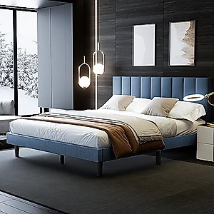 yoyomax Full Size Upholstered Bed Frame Platform with Linen Fabric Headboard and Strong Wooden Slats Support, Non-Slip & Noise-Free, Easy Assembly, No Box Spring Needed, Blue