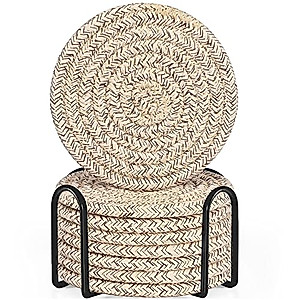 ABenkle 8 Pcs Drink Coasters with Holder, Cotton Woven Absorbent Coasters for Drinks, Minimalist Home Decor Coaster Set for Wooden Tabletop Protection Table, 4 inches Mixed Brown
