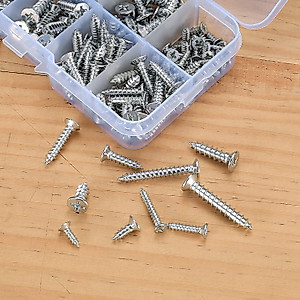 wugongshan 250G Self Tapping Screws Assortment Fasteners Set, M3/M4/M5 Sheet Metal Screws Fasteners Kit, Round Drive Flat Countersunk Head Wood Screws for Woodworking - 10 Sizes