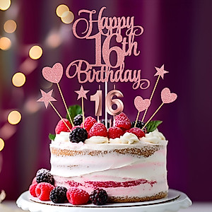 Lecferrarc 16th Birthday Cake Decorations, 16th Birthday Candles Cake Numeral Candles and Glitter Happy 16th Birthday Cake Toppers Set for Birthday Party Supplies (Rose Gold)