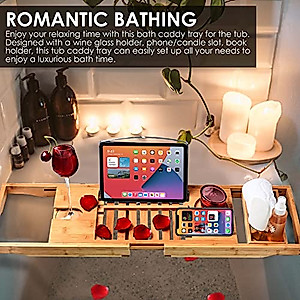 MarkPride Bamboo Bathtub Caddy Tray, Expandable Luxury Bath Table, Adjustable Accessories, with Book/Tablet Holder, Wine Glass Slot, Gift Idea for Loved Ones