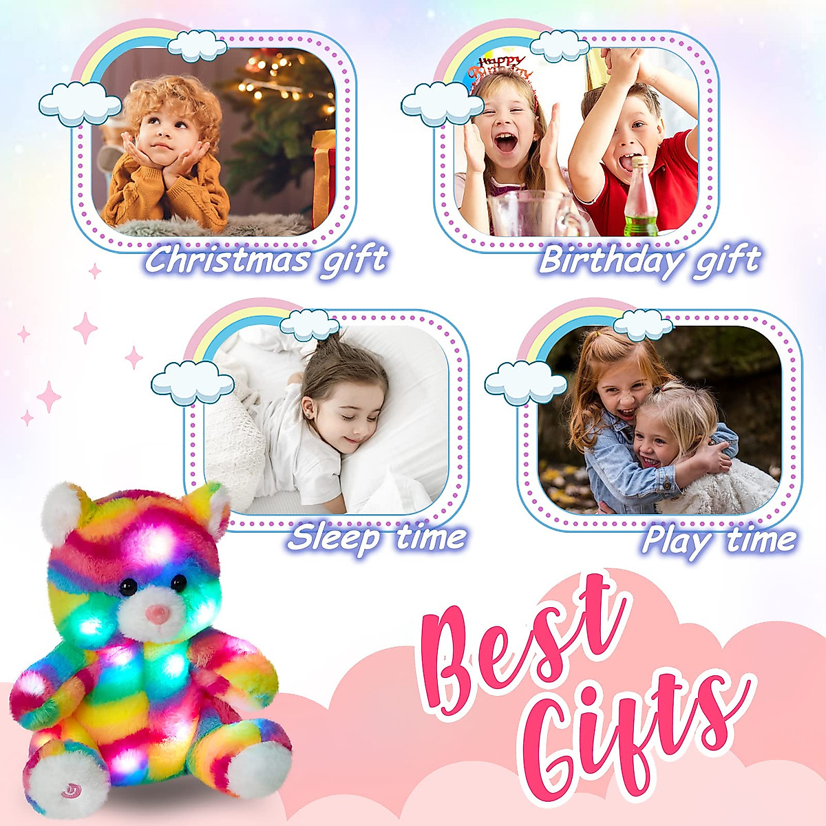 Athoinsu Light up Rainbow Music Teddy Bear Stuffed Animal LED Glowing Singing Night Light Cute Soft Plush Toy Gifts Decors for Toddlers Kids, 11"