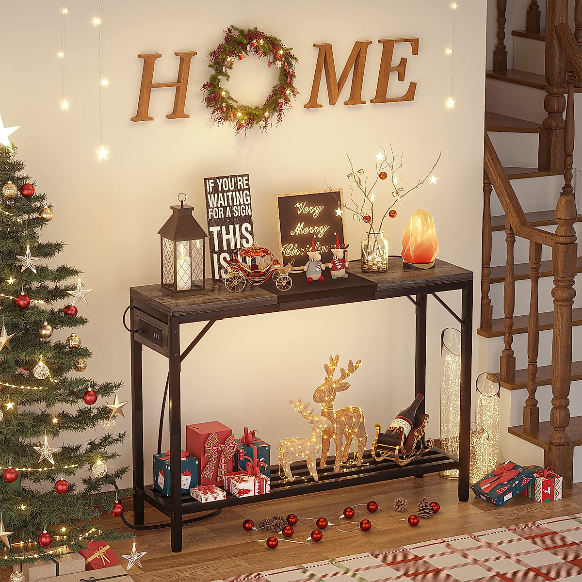 Narrow Console Table with Power Strips, Sofa Table with Storage Shelves for Living Room, 2-Tier Foyer Table for Entryway, Hallway, Behind Couch, Kitchen Counter, 39'', Grey Oak & Black