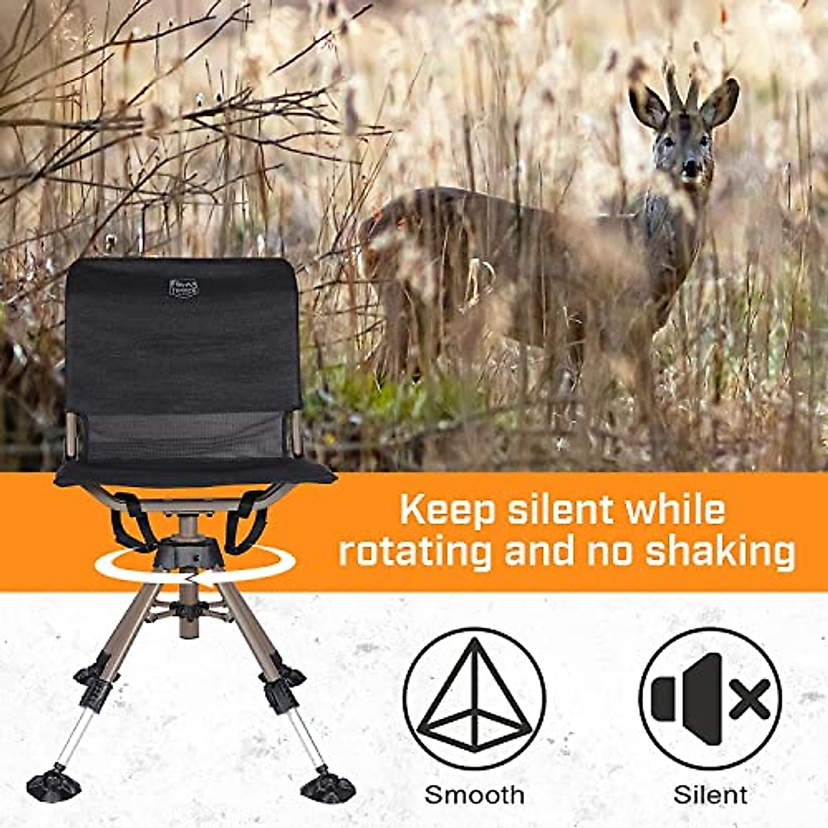 TR Hunting Chair 360 Degree Silent Swivel Folding Chair for Blinds, 400lbs Capacity 2 Legs Adjustable Height Comfortable Stable Hunting Seats, Portable Ground Hunting Chair