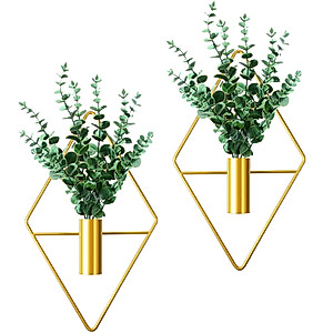 2 Pieces Wall Decor Hanging Planters with Artificial Plants Metal Hanging Vase Indoor Plants Holder Modern Geometric Wall Art for Home Bedroom Living Room Office(Eucalyptus,Gold)
