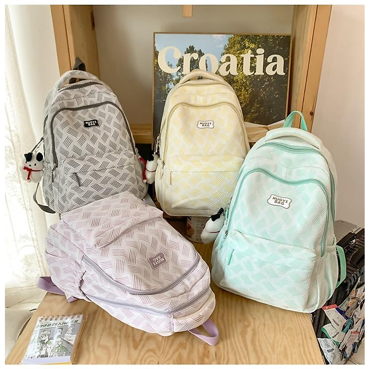 IECSHDU Kawaii Aesthetic Laptop Backpack Large Capacity Emboss Textured Casual Daypack Cute Plush Pendant Simple Laptop Bag (Yellow)