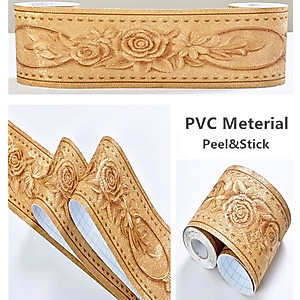 REDODECO 3D Flower Pattern Molding Peel Stick Wall Border for Home Decor Bathroom Kitchen,4 inch by 16.4 feet(Gold)