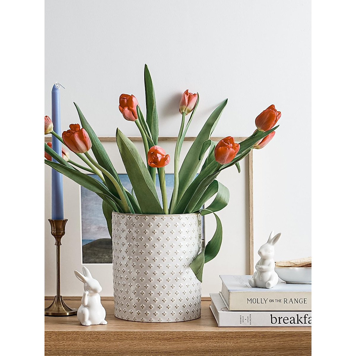 LE TAUCI Utensil Holder, 7.1"+5.4" Ceramic Kitchen Utensil Holder for Counter top, Embossed Cooking Utensil Organizer for Spatula & Spoon, Kitchen Decor, Set of 2, Arctic White, Clover