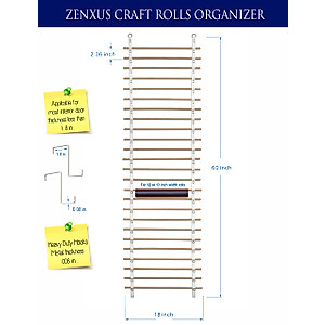 Vinyl Roll Holder, 25 Rolls, ZENXUS Craft Roll Storage and Organizer, Cotton Straps and Wood Dowels, with Door Hanging Hooks