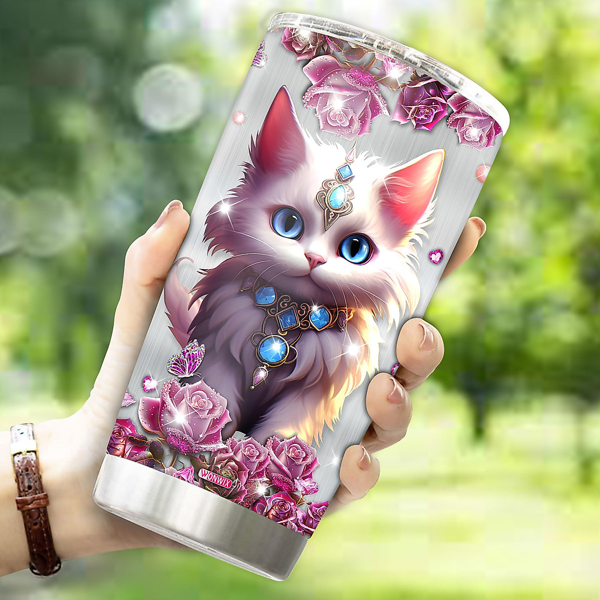 WONWIX Personalized Cat Coffee Mug Cups Gifts For Women Mom Daughter Cats Water Bottle Mothers Day Birthday Christmas Valentine Jewelry Style 20oz Stainless Steel Thermos Tumbler Cup With Lid