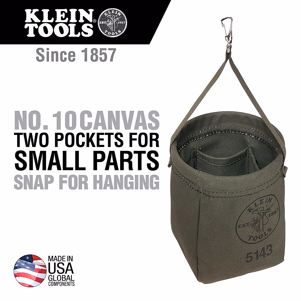 Klein Tools 5143 Canvas Tapered-Bottom Bag with Two Interior Pockets and a Snap Clip, Made of No. 10 Canvas